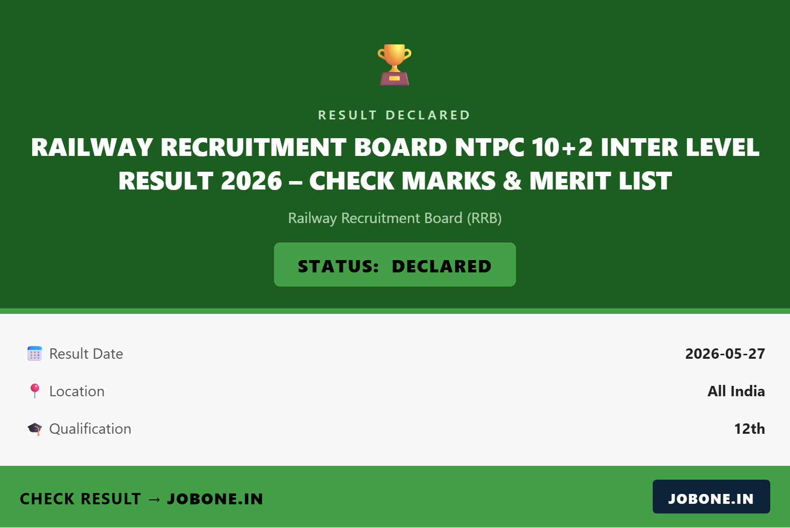 Railway Railway Recruitment Board NTPC 10+2 Inter | JobOne